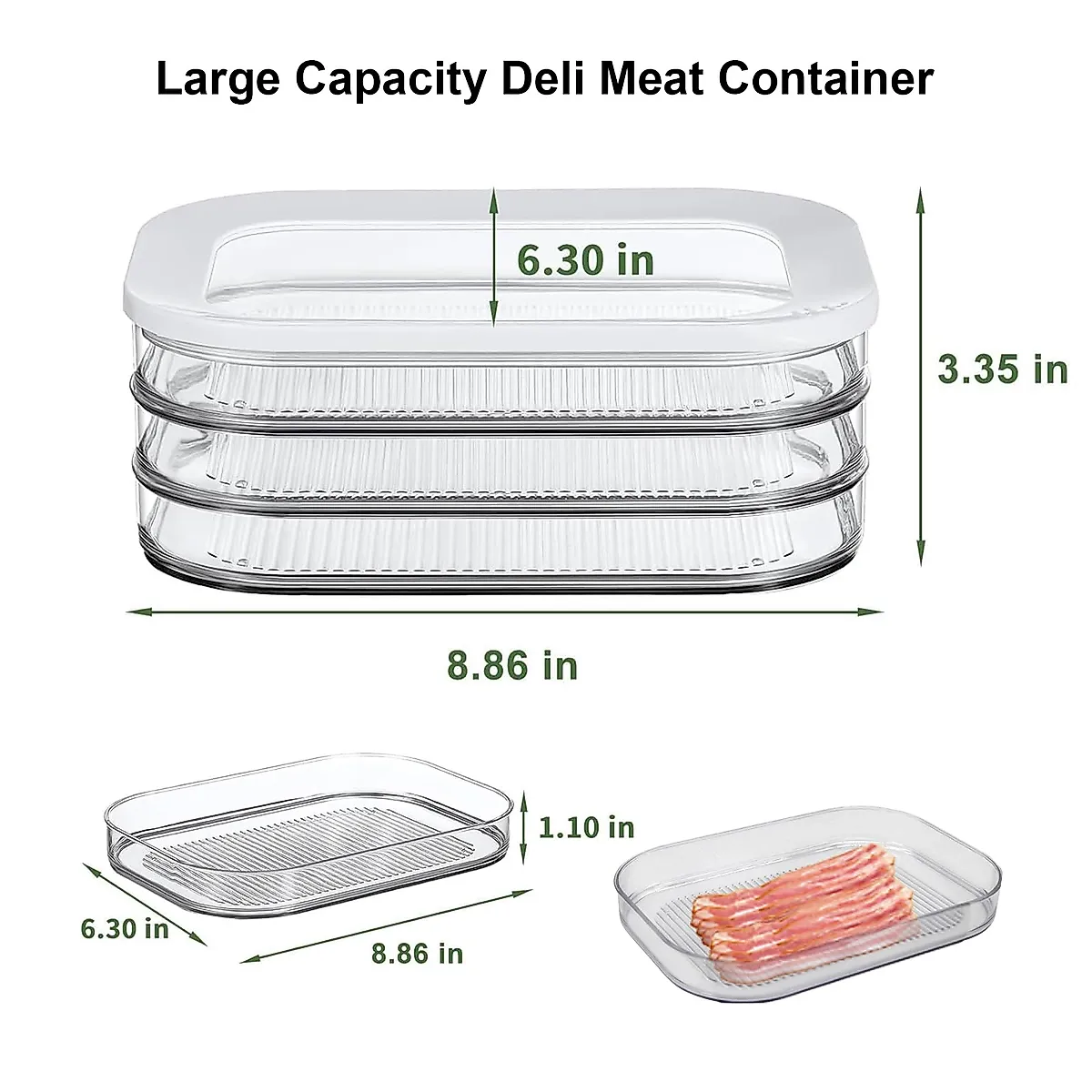 Deli Meat Container for Fridge, Lunch Meat Container with Lids for Refrigerator, 3 Layer Stackable Meal Prep Containers, Food Storage Boxes for Bacon, Cheese, Ham, Cold Cuts, Salami, Clear 1Pack