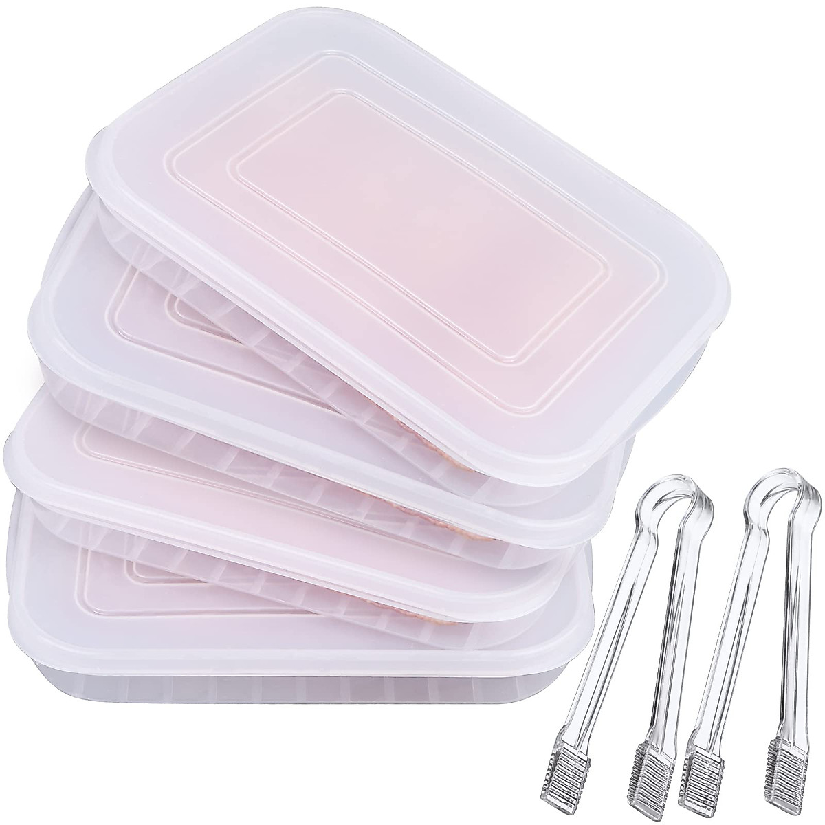 4 Packs Bacon Keeper for Refrigerator Deli Meat Container for Fridge with Lids Airtight Cold Cuts Storage Containers for Fridge Food Shallow Low Profile Bacon Holder with 2 Pcs Buffet Serving Tongs