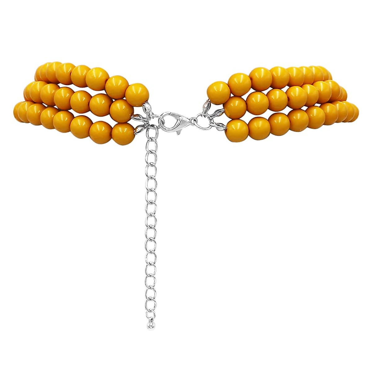 Rosemarie & Jubalee Women's 3 Colorful Multi Strands Simulated Pearl Necklace And Earrings Jewelry Gift Set, 18"+3" Extender (Mustard Yellow Silver Tone)