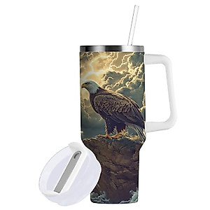 Slewiaeky Tumbler with Handle 40 oz Hawk Animal Classic America Travel Mug with Lid and Straw Stainless Steel Vacuum Insulated Water Bottle Cup for Iced Tea Coffee Cold Beverages Cup Holder Friendly