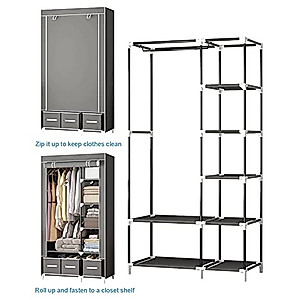 Portable Closet Organizers and Storage Clothes Rack Wardrobe Closet for Hanging Clothes Closet Storage Organizer with Three Drawer Boxes Non-Woven Fabric Cover Easy Assembly 37”L × 17.7”W × 65”H