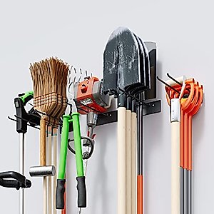 WIDEWHEEL Tool storage rack, garage wall mounted (with 6 hooks), heavy garden tool rack, can withstand 350 pounds, and can place brooms, mops, shovels, trimmers, water pipes, chairs, and More