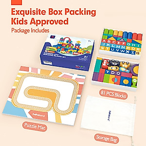 hahaland Wooden Blocks - Building Blocks Set with Number Alphabet Letter Car - City Construction Stacking Toddler Toys Montessori Toys for 3 Year Old Girls Boys Kids Building Toys for Ages 3-4-5-6