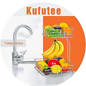 Kufutee 2 Tier Countertop Fruit Basket,Vegetables Bowl Storage With Banana Hanger,Sliver