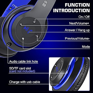 Prtukyt 6S Bluetooth Headphones Over-Ear, Hi-Fi Stereo Foldable Wireless Stereo Headsets Earbuds with Built-in Mic, Volume Control, FM for iPhone/Samsung/iPad/PC (Black & Blue)