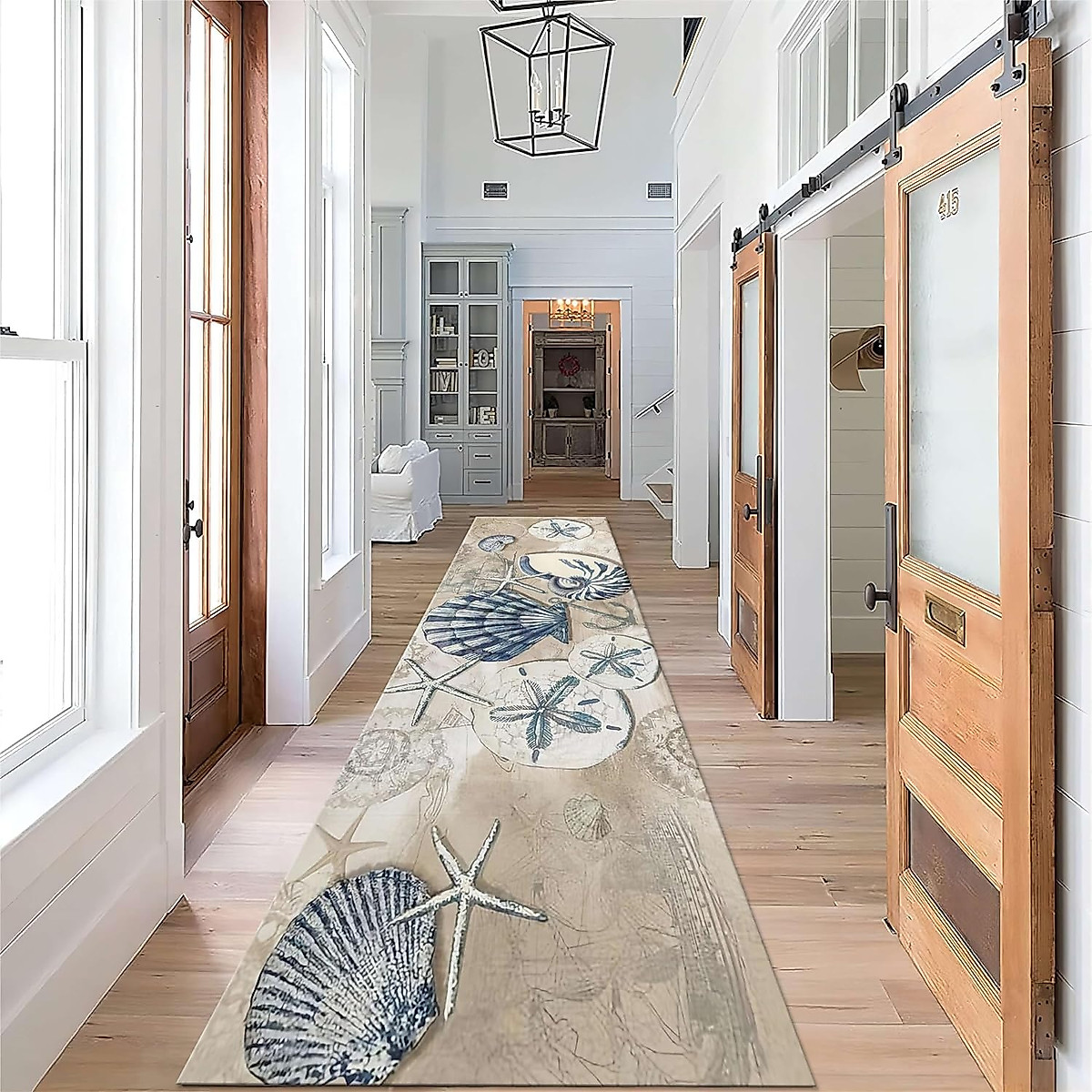 MUOUCTE Nautical Ocean Theme Runner Rug, 2x10ft, Tropical Beach Shell Long Hallway Runner Rug, Anti-Slip Durable Soft Entrance Rug, Fade Resistant Washable Carpet for Nursery Kitchen Bedside