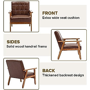 Ufurpie Mid Century Modern Arm Chair with Wood Frame,PU Leather Reading Armchair,Accent Chair for Living Room Bedroom Reading,Easy Assembly,Brown