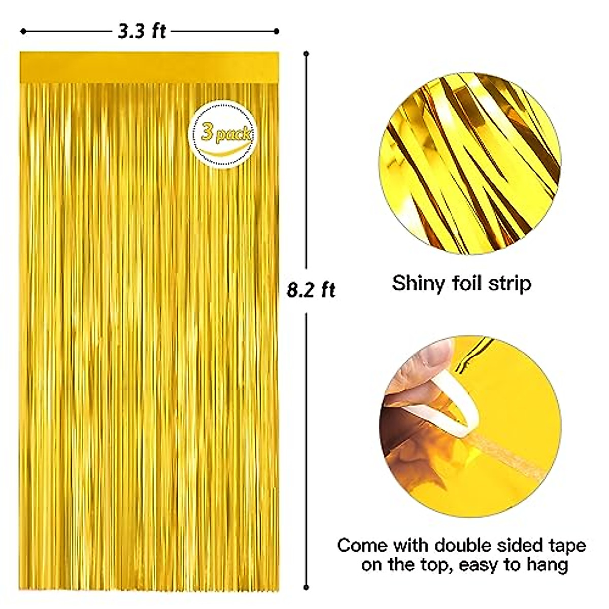 FANNEV 3pcs 3.3 * 8.2ft Gold Tinsel Foil Fringe Curtains Streamers for Birthday Graduation Wedding Engagement Bridal Shower Bachelorette Holiday Gold Party Decorations, Christmas Photo Back Drop