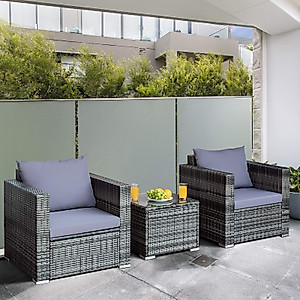 HAPPYGRILL 3 Pieces Patio Conversation Set, Outdoor Rattan Wicker Sofa Set with Coffee Table, Patio Furniture Set with Soft Cushions for Balcony Porch Backyard Garden