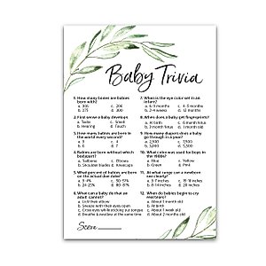 GREENERY Baby Shower Game — BABY TRIVIA Games — Pack of 25 — Fun Baby Facts Games, Floral, Green, Olive Branch Baby Shower Activity, Rustic Gender Neutral Baby Shower Games, G320-TRV