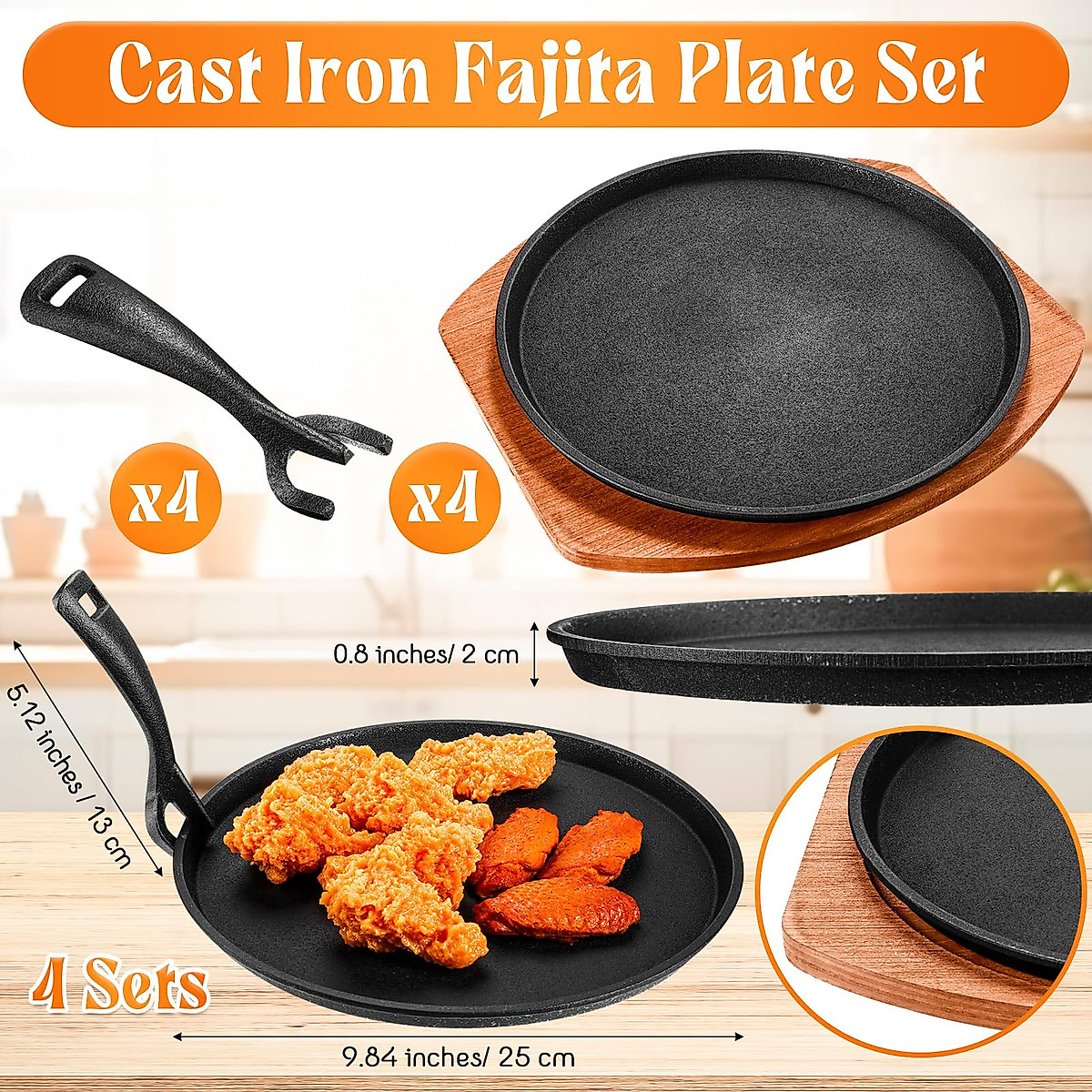 Mimorou 4 Sets Cast Iron Fajita Plate Set 9.84'' Steak Plate Sizzling Pan with Wooden Base and Gripper for Home Restaurant Kitchen Catering Cooking for Grilling Meats Seafood