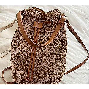 Obosoyo Women Straw Bucket Bags Drawstring Beach Bag Handwoven Crochet Tassel Purse Bohemian Shoulder Handbag