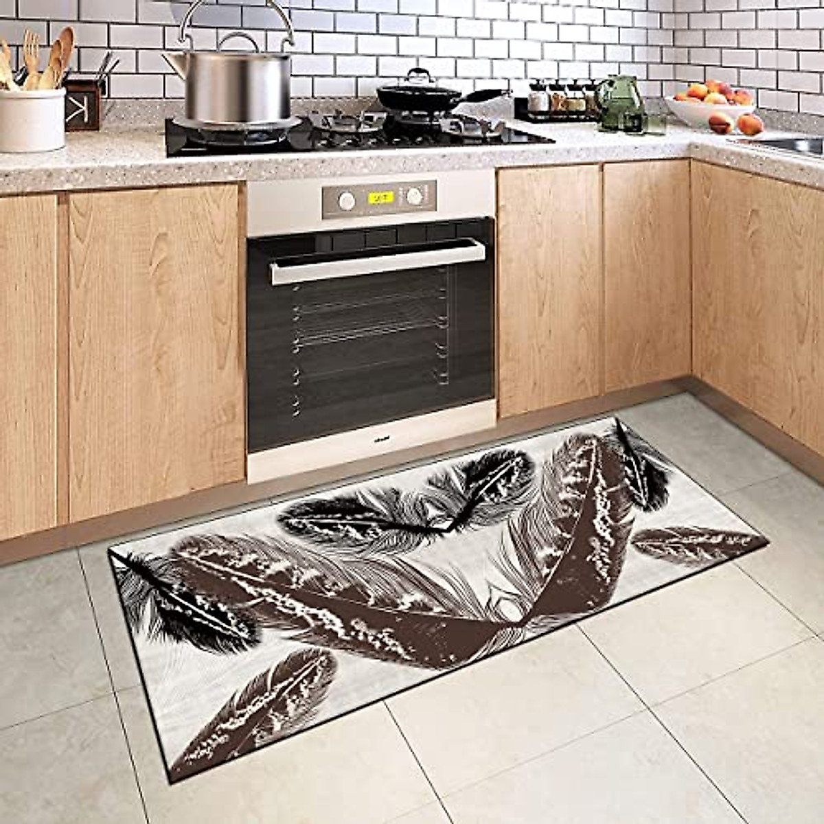 Runner Carpet for Hallway Non Slip 1'7"x8' Grey Brown Black Feather Pattern Washable Door Mat Home Decor Area Rug for Kitchen Bedroom Entryway Living Customizable, 1'3"-4' Width