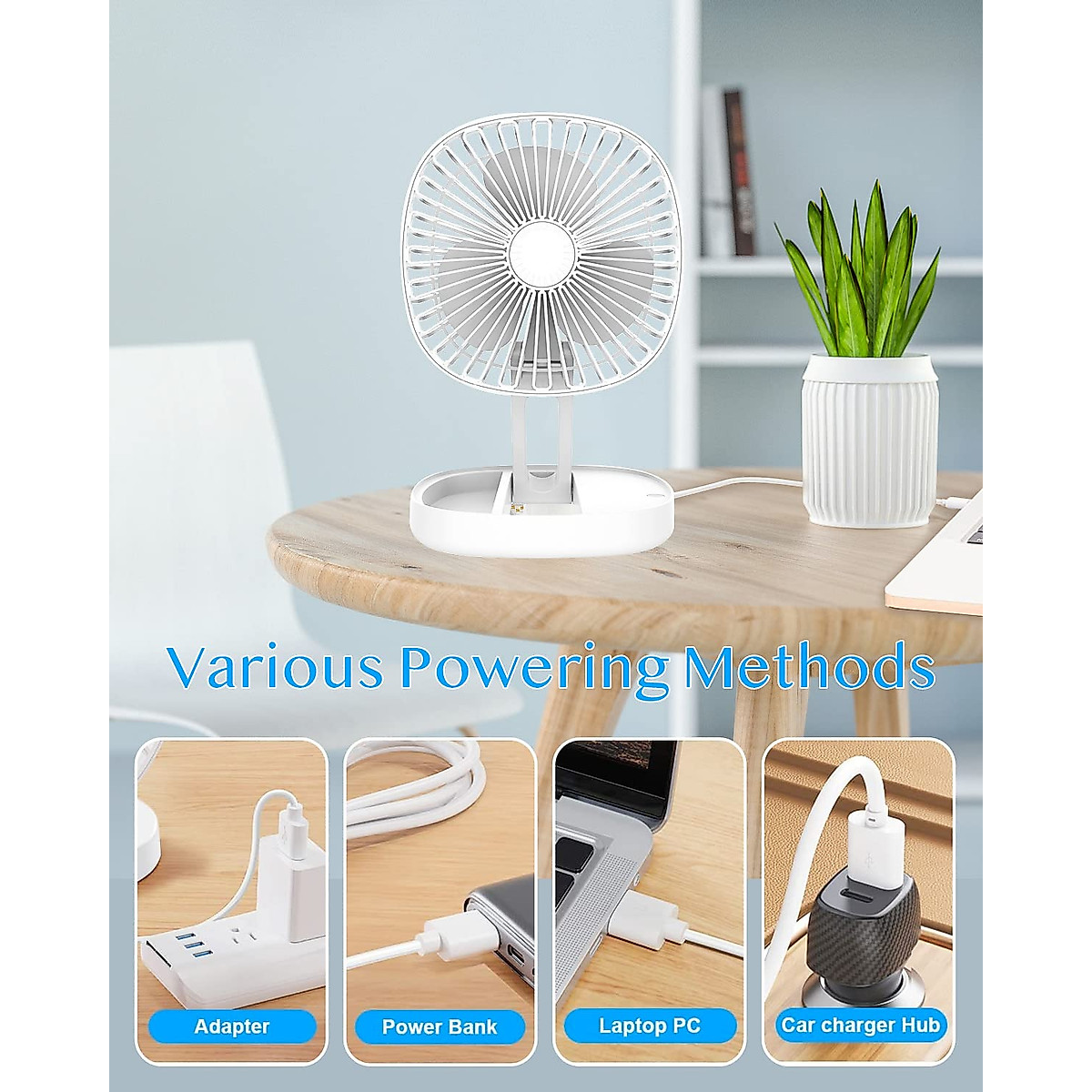 DEPOZA 7 Inch Travel Fan, Portable Folding Desk Fan with 3 Speeds, 185° Rotation, Battery Operated & Rechargeable, Quiet Small Table Fan for Bedroom, Office