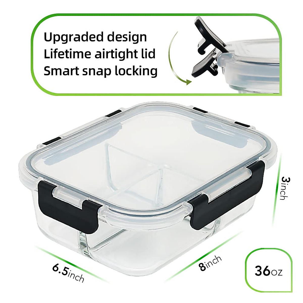 DAS TRUST 5 Pack 36oz Bento Box Glass Meal Prep Containers 3 Compartment Glass Food Storage Containers with Lids Meal Prep Bowls Lunch Box Glass Food Prep Containers Lunch Container Oven Safe