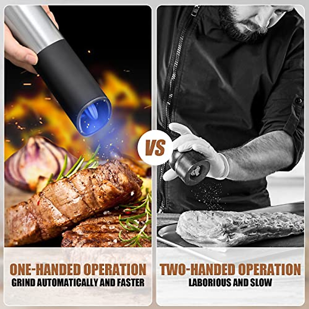 Gravity Electric Salt and Pepper Grinder Set Battery Operated,One Hand Operation Automatic salt and pepper grinder set,Electric Salt and Pepper Shakers with LED Light,Adjustable Coarseness(2 PCS)