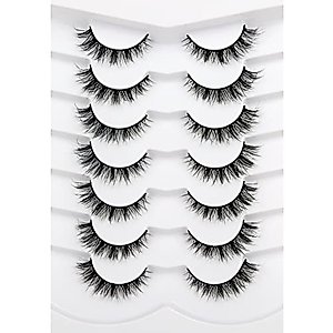 Pooplunch False Eyelashes Cat Eye Lashes Natural Look Wispy Short Fluffy 8D Faux Mink Lashes Wispies Fake Eyelashes Strips 7 Pairs Multipack