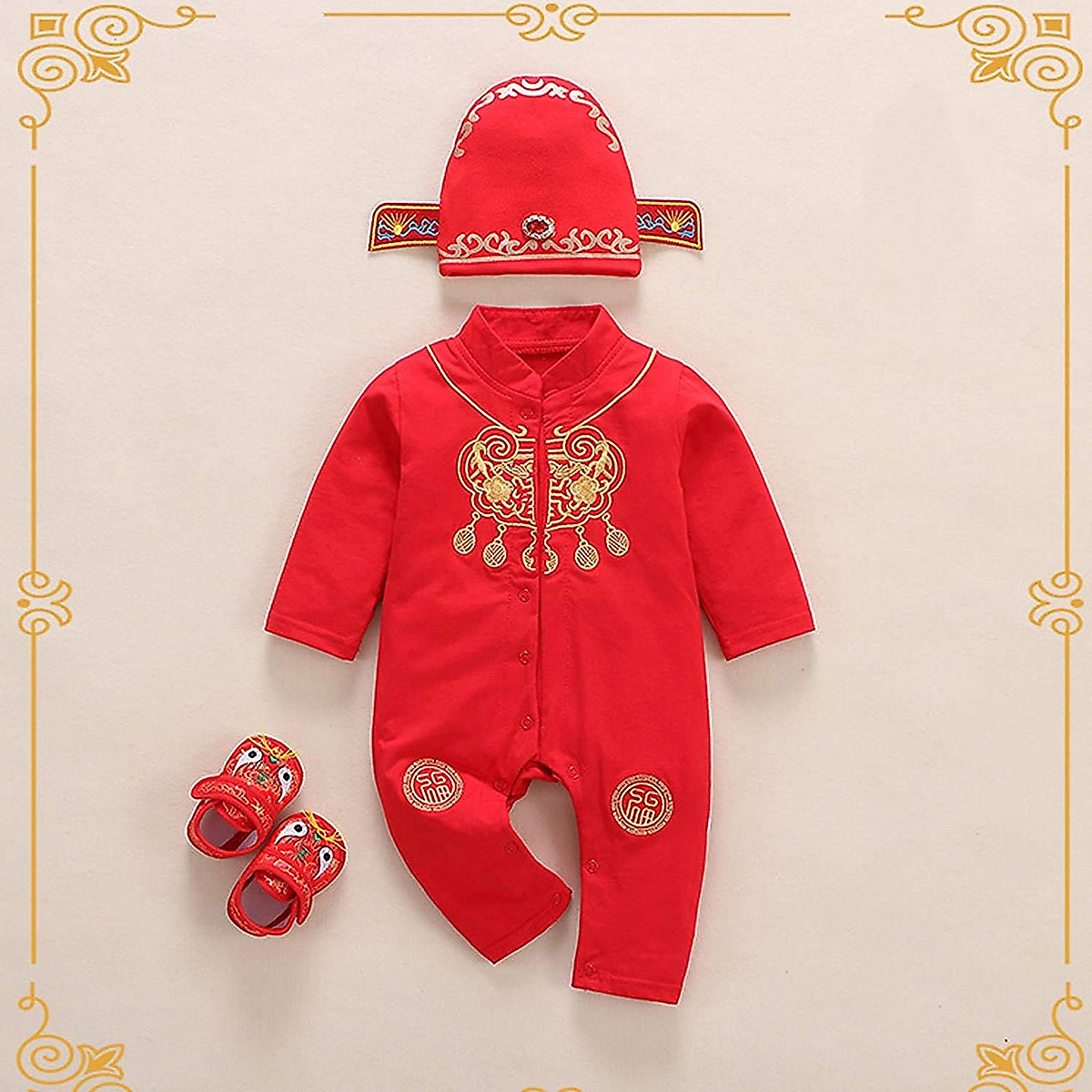 3PC Newborn Baby Girl Boy New Year Tang Suit Red Romper Bodysuit Hat Shoes Outfits (Red, 18-24 M)