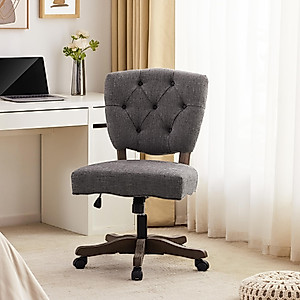 HUIMO Upholstered Swivel Desk Chair Chenille Tufted Fabric Home Office Chair with Wheels Adjustable Height Classic Task Chair with Wooden Legs Comfortable Armless Chair for Studio Study (Grey)