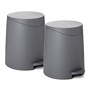Superio Mini Bathroom Trash Can with Lid 3 Liter, Plastic Waste Bin 0.75 Gallon, Modern Flat Lid Step On Trash Can with Foot Pedal, for Bathroom, Bedroom, Office, Under Desk, Soft Close (2, Grey)