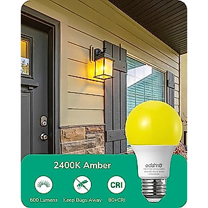 EDISHINE A19 Yellow Light Bulb, 9W(60W Equivalent), 600LM, 2400K Amber Glow Outdoor Bug Light Bulbs, Non-Dimmable, E26 Medium Base, UL Listed, 8 Pack
