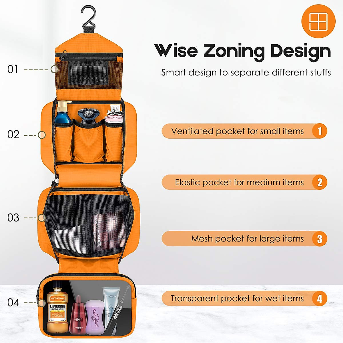 dopobo Travel Toiletry Bag for Women, Dopp Kit for Men, Waterproof Makeup Bag Shaving Bag with Hanging Hook, Portable Toiletry Organizer for Traveling and Camping (Orange)