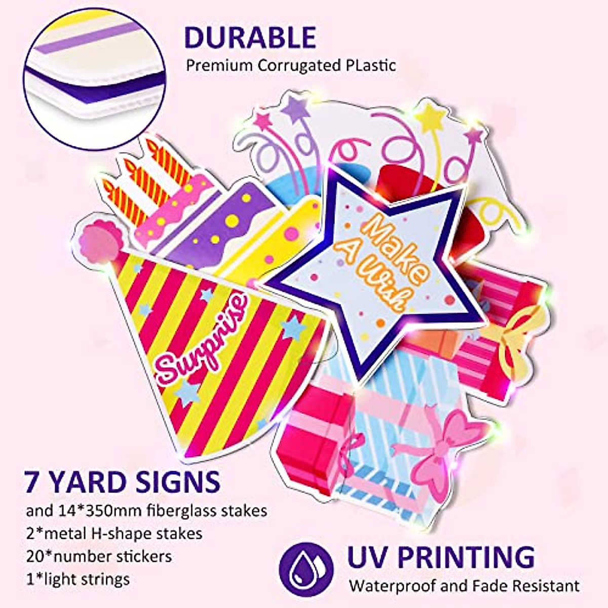 HOMENOTE 7Pcs Happy Birthday Yard Signs With Stakes, 5m LED Light and Personalized Sign, 23.6’’Foldable Large Happy Birthday Sign, Full Set Supplies for Yard Lawn Outdoor Birthday Decoration Party