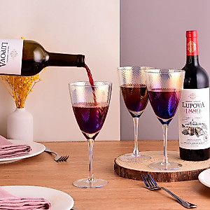 Red Wine Glasses Set of 4-Hand Blown Burgundy Glasses-15 OZ Ribbed Design Iridescent Drinkware for Valentine's Day, Anniversary, Birthday or Daily Use