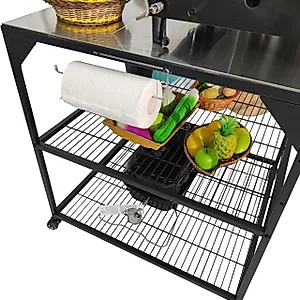 JIN BETTER GRILL PARTS Three-Tier Stainless Steel Pizza Oven Cart, Movable Work Table for Ooni, Blackstone, Cuisinart (31.5" D x 31.5" W x 35.4" H)