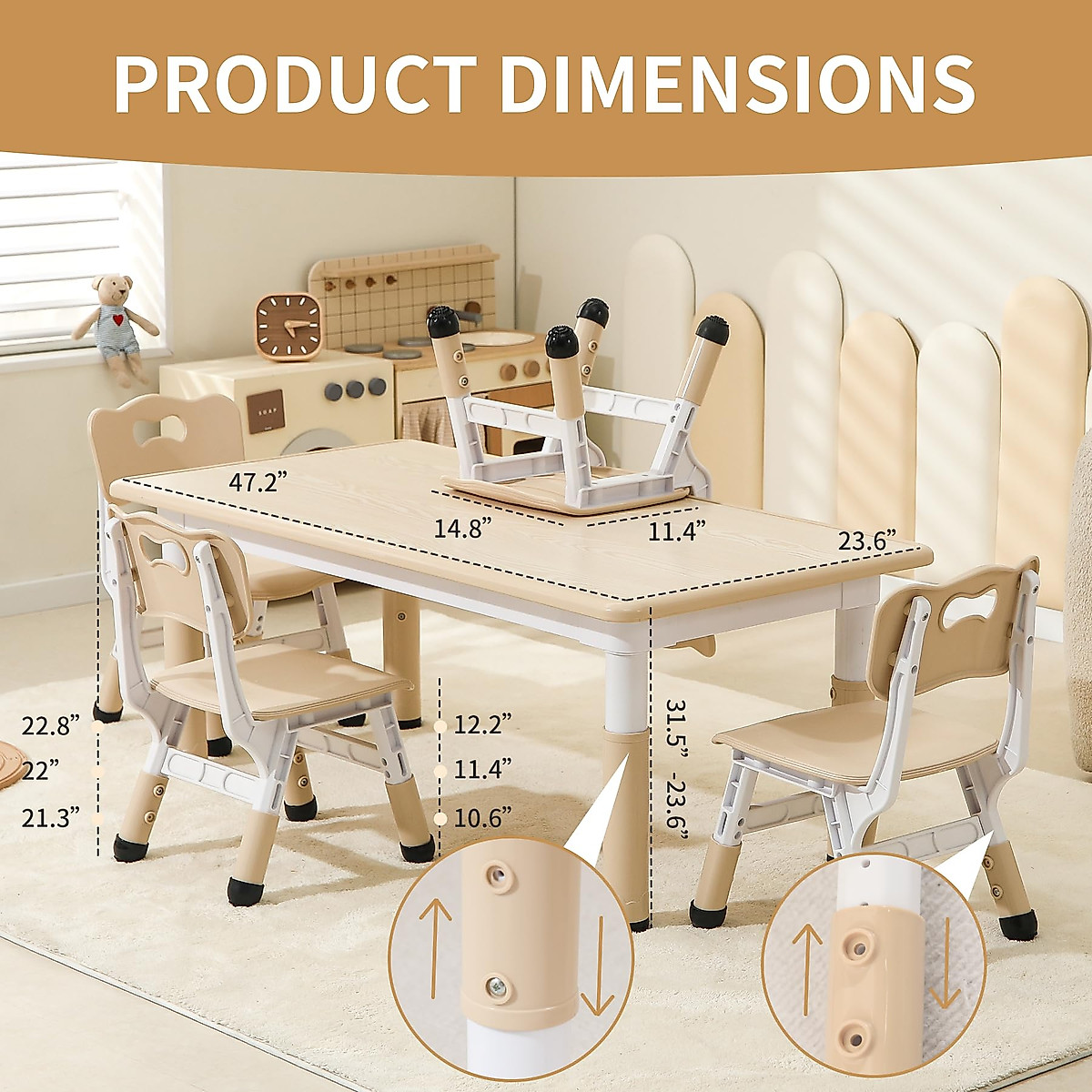 Hulaibit Kids Table and 4 Chairs Set, Height Adjustable Toddler Table and Chairs Set, Graffiti Desktop Children Activity Table for Ages 2-10, Daycare, Classroom, HOM