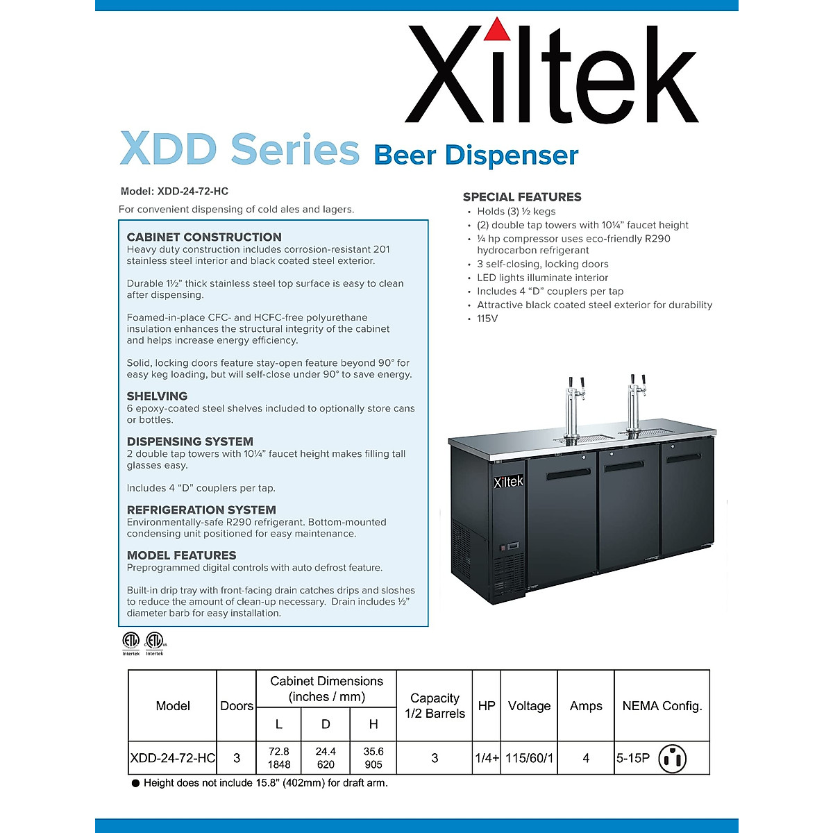 Xiltek 72" 3-Door Commercial Beer Dispenser - Double Tower Keg Cooler - Kegerator XDD-24-72-HC