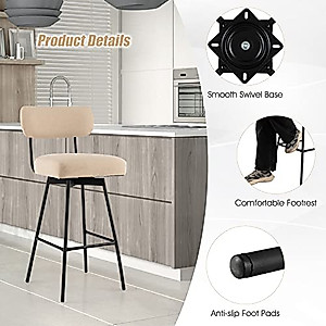 COSTWAY Bar Stools Set of 2, 29” Upholstered Bar Height Chairs with Back, 360° Swivel Bar Chairs with Heavy-Duty Metal Legs and Footrests, Fabric Seat for Kitchen Island, Dining Room, Bar (2, Beige)