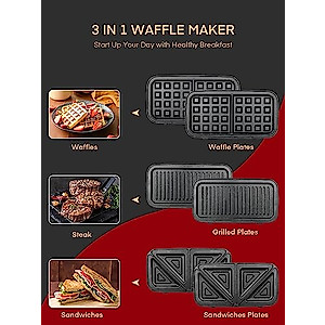 FOHERE Waffle Maker 3 in 1 Sandwich Maker 1200W Panini Press With Removable Plates and 5-gear Temperature Control, Non-stick Coating Easy to Clean,Indicator Lights, Red