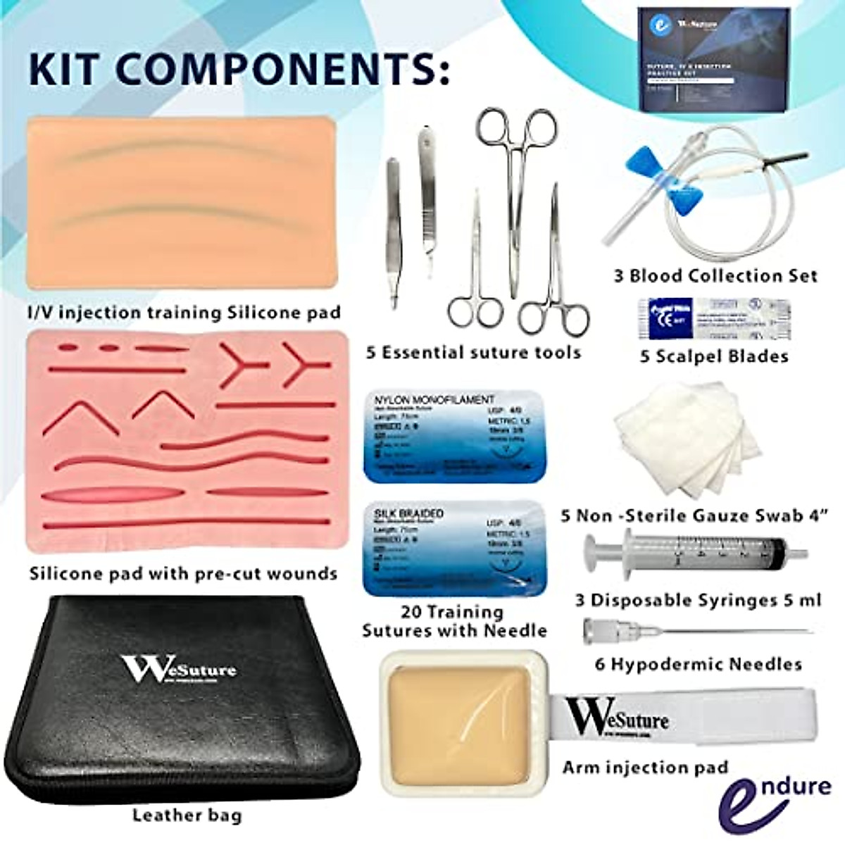 Endure Suture, I/V & Injection Training KIT, 50 Items, Durable Silicone Skin Suturing Pad with Tool Kit - Ideal for Any Medical Student, Veterinarian Students & Nurses. (for Education Only)