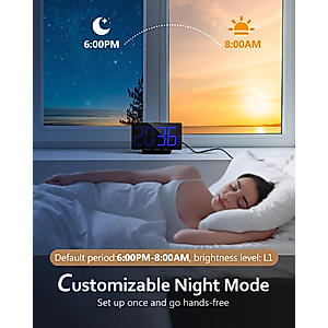 Digital Alarm Clock for Bedrooms, Digital Clock with Modern Curved Design, Conspicuous Blue LED Numbers, 6 Levels Brightness, 2 Volume, 3 Alarm Tones, Snooze, Power-Off Memory, 12/24H, Bedside Clock
