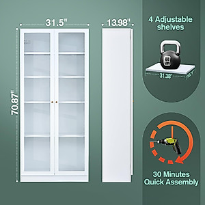 IRONMIX Metal Bookcase with Acrylic Door and Adjustable Shelves, 70.87" H 31.5" W Storage Cabinet 5 Tier, Dust Proof Display Shelf, White
