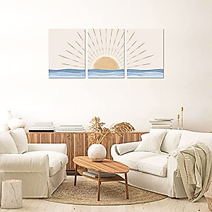 Boho Wall Art Set of 3, Neutral Geometric Sun Rising on the Sea Minimalist Art Framed Canvas Prints Artwork, Mid Century Modern Boho Sun Wall Art Decor for Bathroom, Bedroom, Living Room, Office