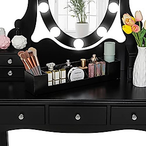 Quimoo Large Vanity Desk with LED Lighted Mirror & Power Outlet,Makeup Vanity Table with 7 Drawers,4 Shelves and 8 Hooks,for Bedroom,Bathroom,Black