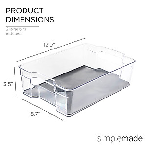 Clear Refrigerator Organizer Bins - 2 Pack Large Sized (8.25" x 12.5") Clear Bins for Fridge with Liners, Containers for Fridge and Freezer, Multipurpose Storage for Kitchen, Office, Bathroom (Grey)