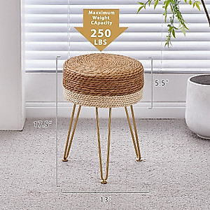 Cpintltr Natural Seagrass Hand Weave Poufs Vanity Stool Velvet Ottoman Stool Round Ottoman Foot Stool with Metal Legs for Living Room Bedroom Natural White