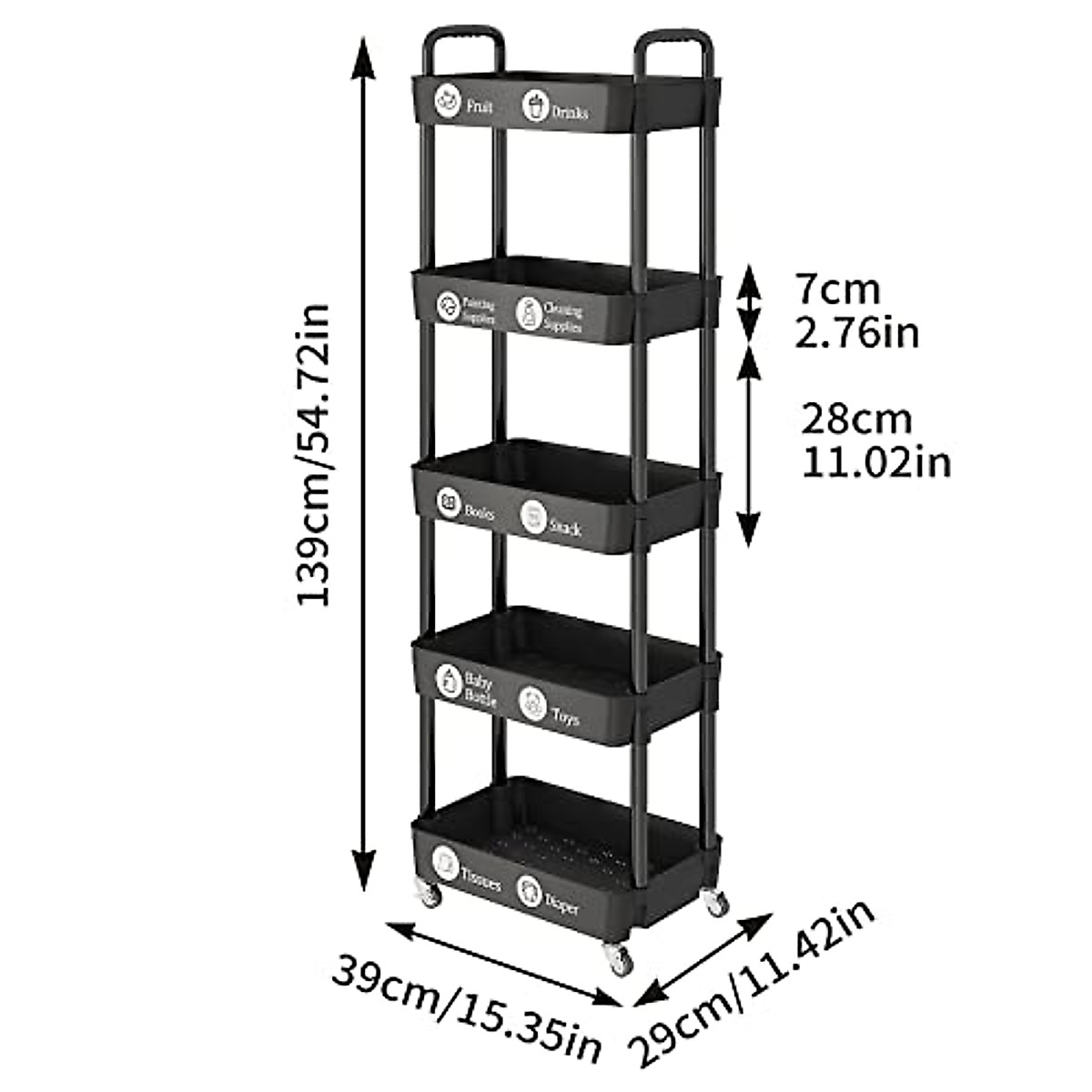 Laiensia 5-Tier Storage Cart,Multifunction Utility Rolling Cart Kitchen Storage Organizer,Mobile Shelving Unit Cart with Lockable Wheels for Bathroom,Laundry,with Classified Stickers,Black