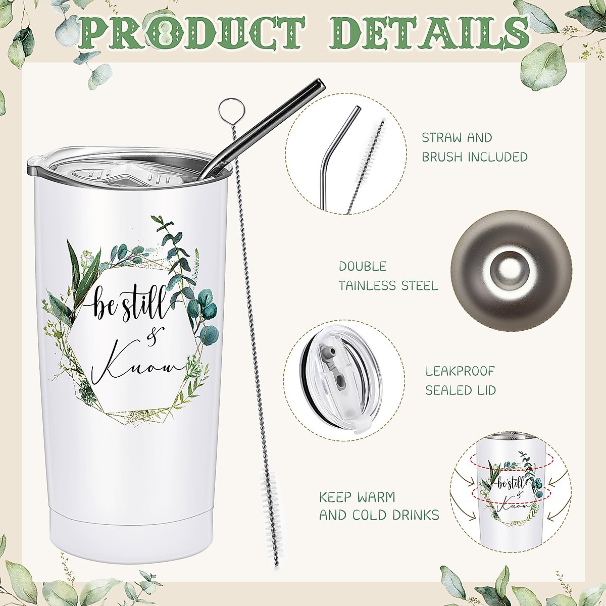 Sieral 3 Pcs Christian Gifts for Women Faith Be Still and Know Be Strong and Courageous Inspirational Travel Mug Tumbler Christian Prayer Candle Religious Bible Verse Cosmetic Bag for Mother(Still)