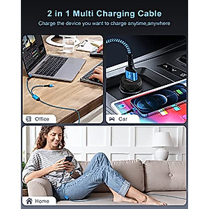 Multiple Charger Cable 2 in 1 iPhone and Android USB Charging Cable, 4ft Nylon Braided Multi Charging Cable with Type-C/Lightning Port Compatible with iPhone 14 Pro Max/14/13/12, iPad, Samsung, Google