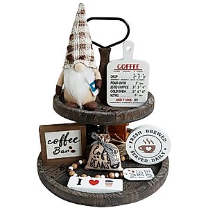 Coffee Bar Decor, 7PCS Farmhouse Coffee Gnome Tiered Tray Decor, Coffee Signs for Coffee Bar deocr, Coffee Bar Accessories Kitchen Table Decoration