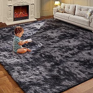 Luxury 8x10 Large Area Rugs for Living Room, Super Soft Fluffy Modern Bedroom Rug, Big Indoor Thick Soft Nursery Rug, Non-Skid Nursery Faux Fur Carpet for Kids Room Home Décor, Tie-Dyed Dark Gray
