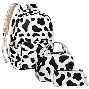 Cow Print School Backpack for Girls, Kids Teen School Bags Bookbags with Lunch Box and Pencil Case