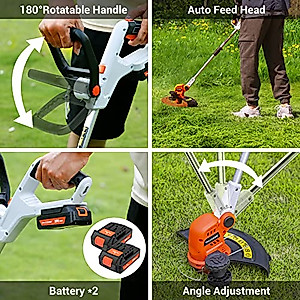 PAXCESS 20V 12-Inch Cordless String Trimmer/Weed Eater, 2 PCS 2.0Ah Battery & Charger Weed Wacker, 6 PCS Spool Line & 2 Cap Included, 180° Rotatable Handle, Adjustable Rod Length, Lightweight