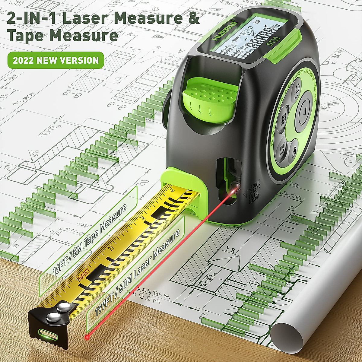 Huepar 2-in-1 Laser Tape Measure, 197Ft Rechargeable Laser Measurement Tool & 16Ft. Measure Tape with Backlit LCD & Movable Hook -Pythagorean, Area, Volume, M/in/Ft Unit Switch Digital Distance Meter
