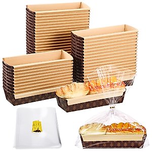 Sabary 50 Pcs Paper Loaf Pans for Baking 9 x 3 x 2 In Disposable Paper Baking Loft Mold 50 Pcs Disposable Holiday Bakeware Clear Bread Bags with Ties Plastic Bread Storage Bags for Baked Goods Bakery
