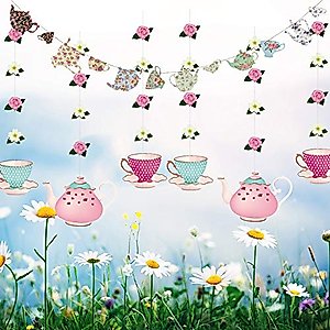 Tea Party Decoration Banner and Hanging Decorations Set Alice in Wonderland Party Garland Decor Teapot Teacup Flower Hanging Garlands for Tea For Girls, Princesses, Bridal Showers, Birthday Party